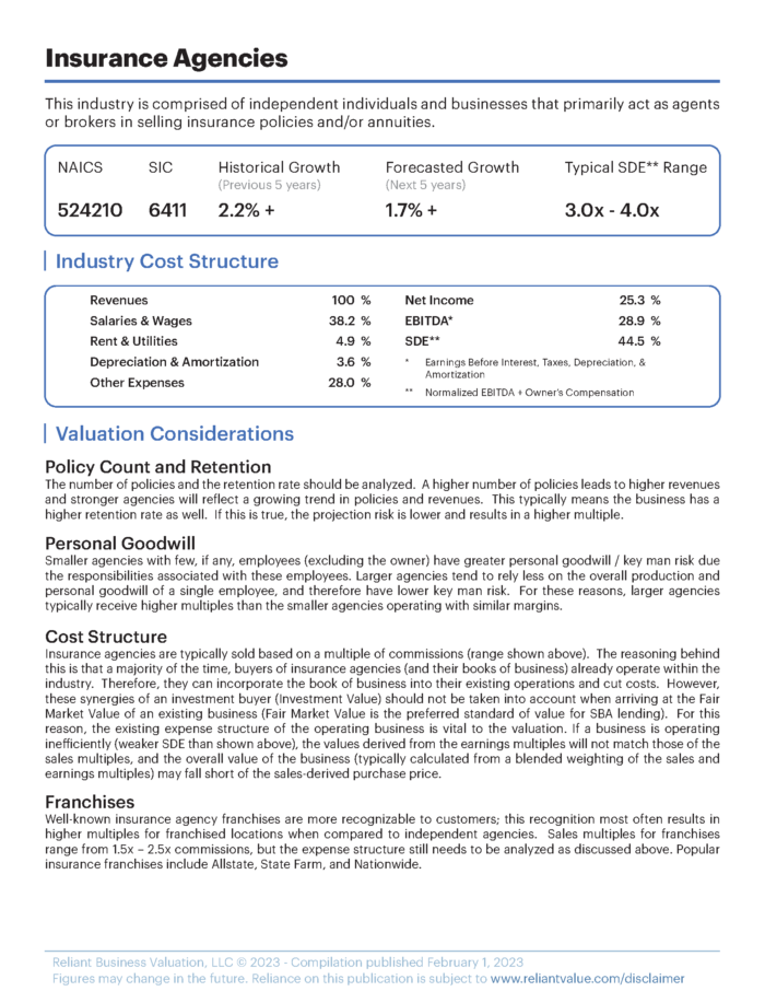 Insurance Agencies - Reliant Business Valuation