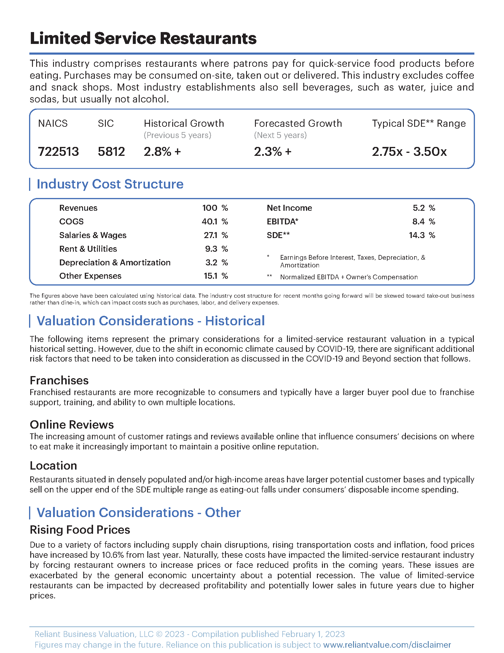 Limited-Service Restaurants - Reliant Business Valuation