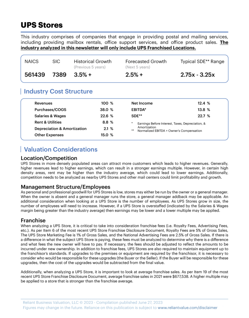 UPS Stores - Reliant Business Valuation